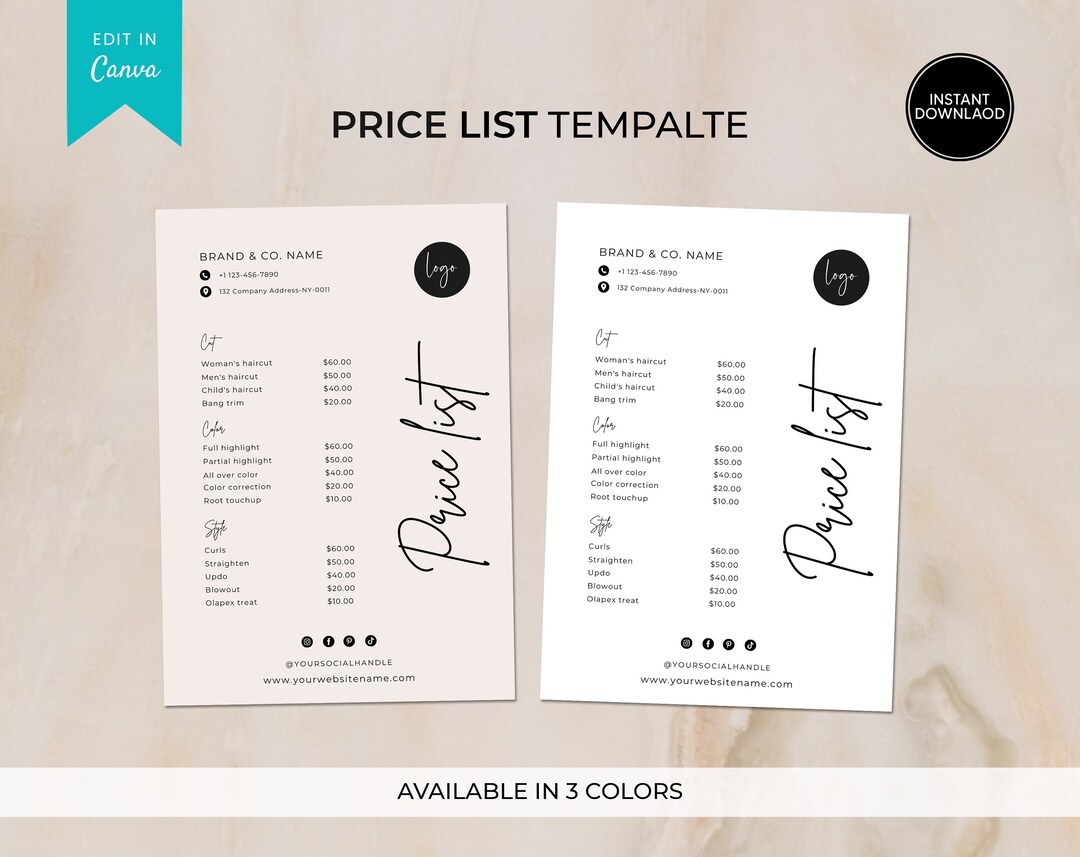 Editable Price List Template, Small Business Price Guide, Printable ...