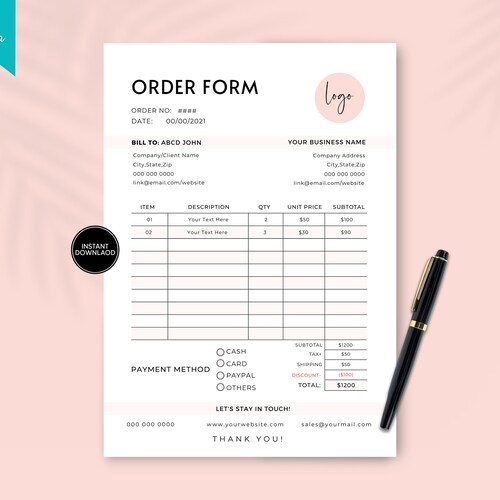 Order Form Template for Small Business Printable Order Form - Etsy
