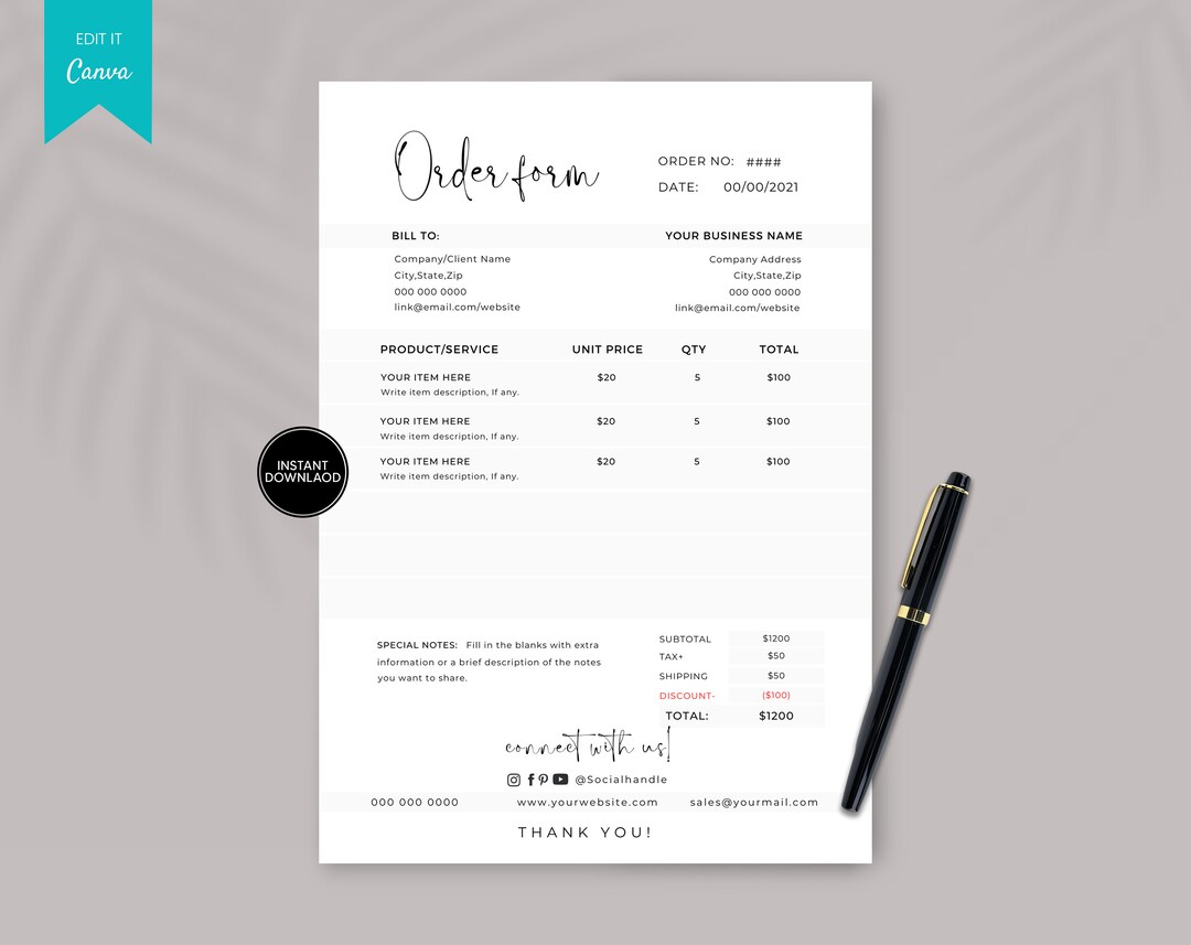 EDITABLE Order Form Template, Invoice Form Template, Printable Order ...