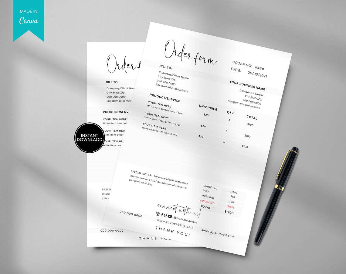 EDITABLE Order Form Template Invoice Form Template Printable - Etsy