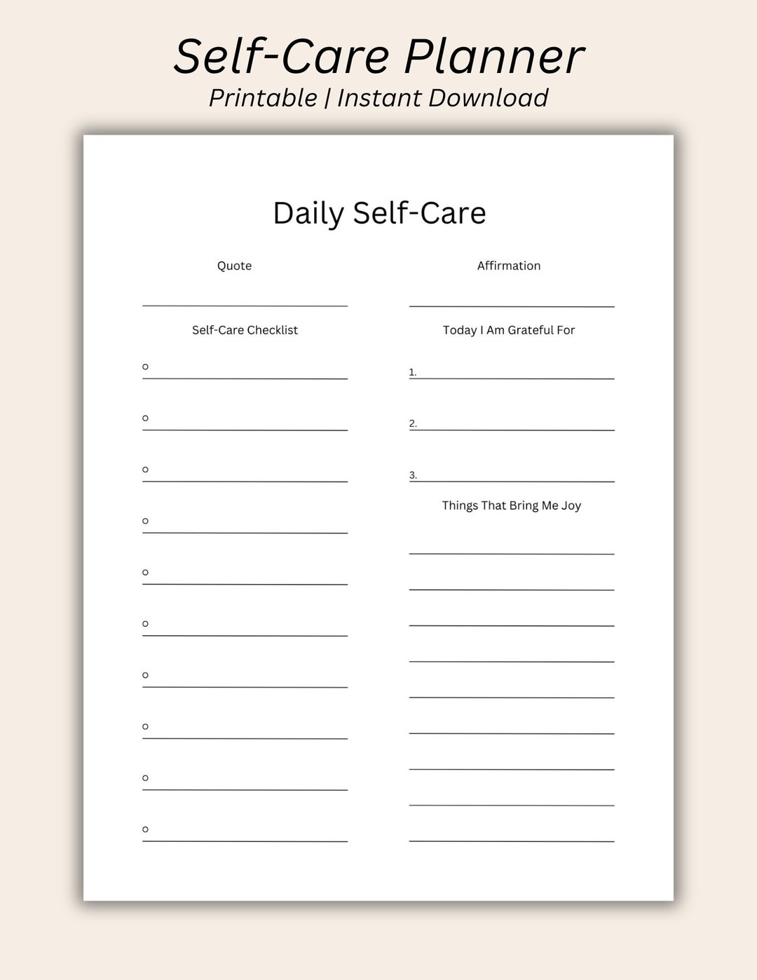 Daily Self-care Planner Checklist Printable Template PDF Sizes US ...
