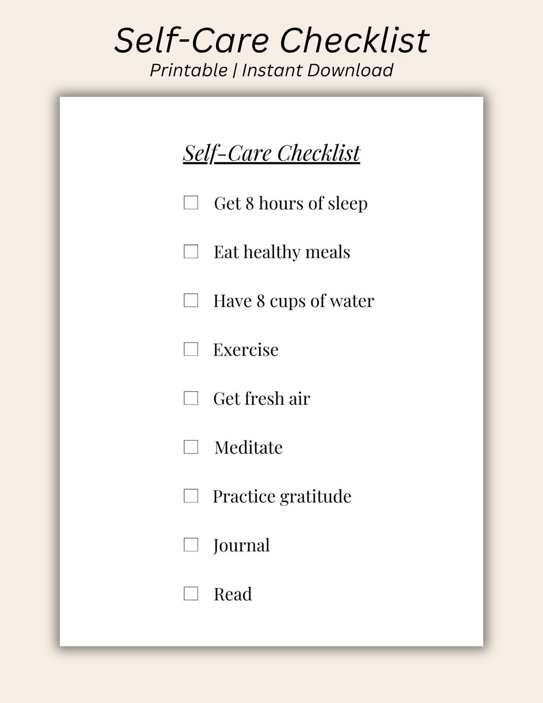 Self-care Checklist Printable Template PDF Sizes US Letter & A4 Instant ...