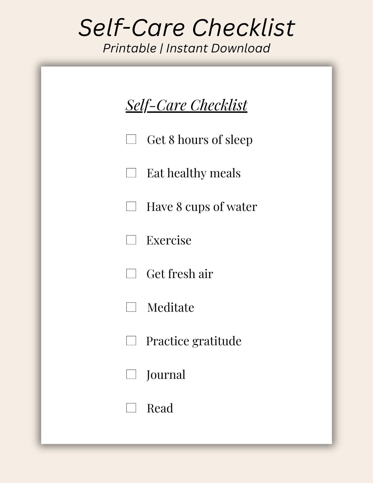Self-care Checklist Printable Template PDF Sizes US Letter & A4 Instant ...