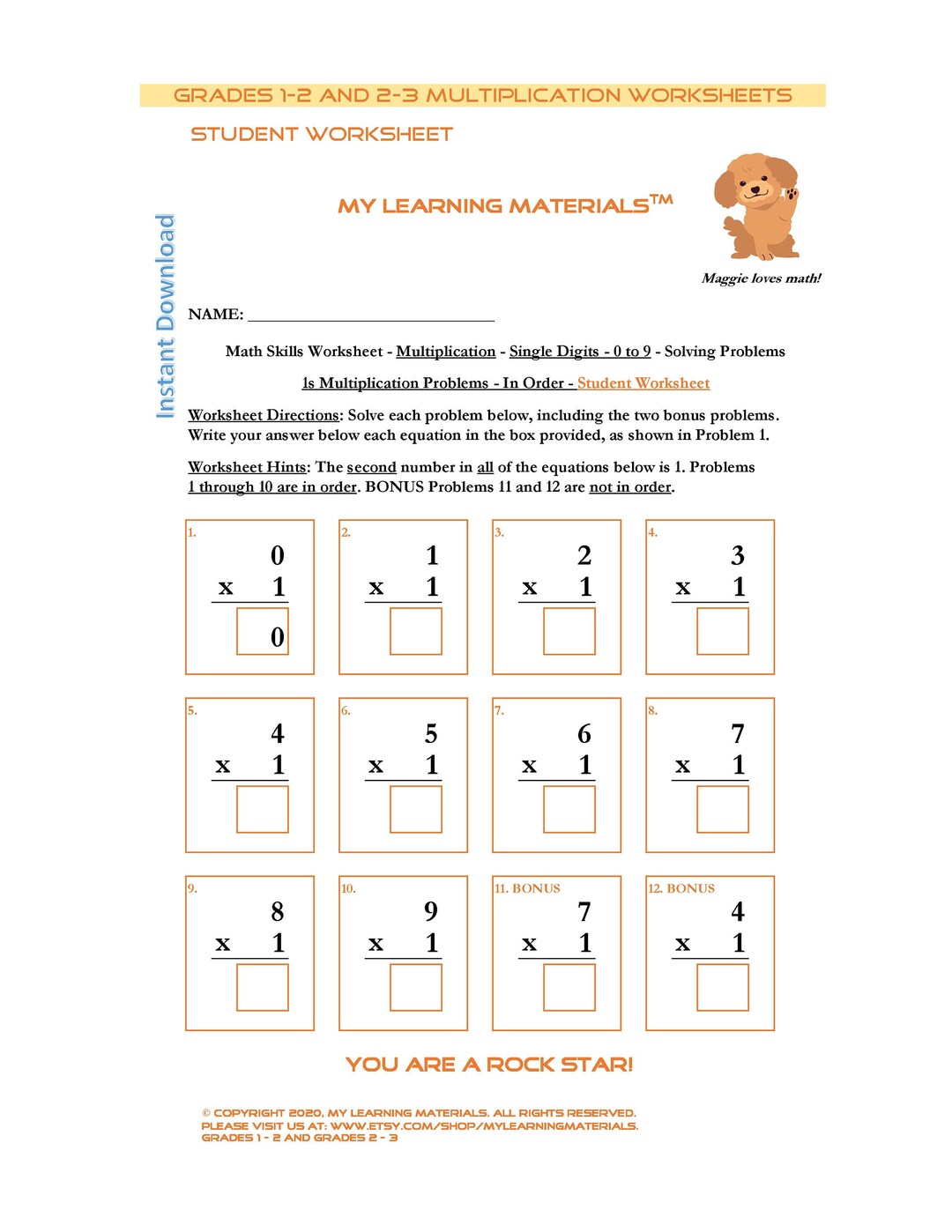 1s Multiplication Problems. Single Digit Multiplication Math Worksheet ...