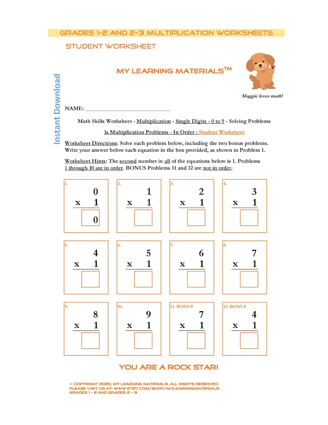 1s Multiplication Problems. Single Digit Multiplication Math Worksheet ...