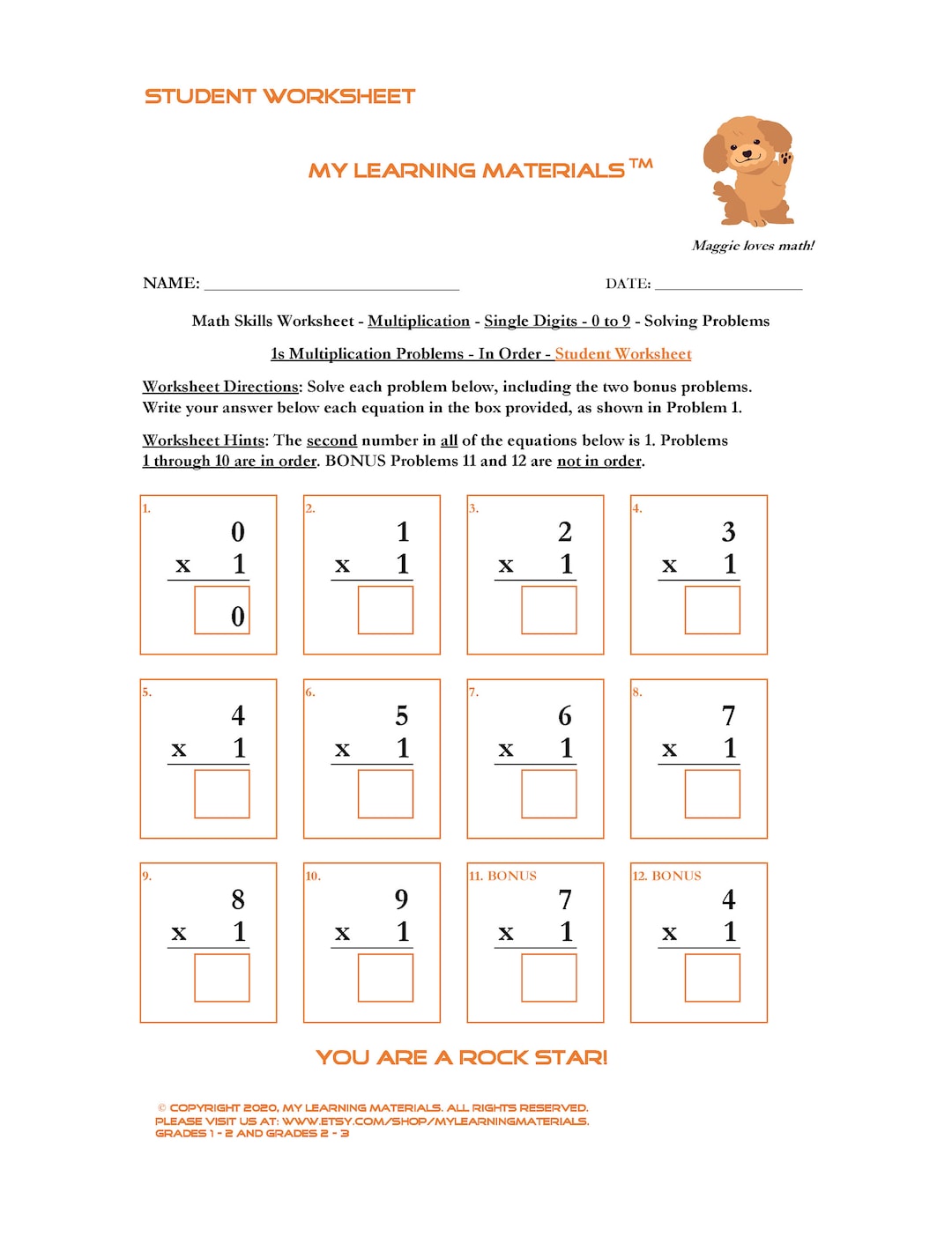 1s Multiplication Problems. Single Digit Multiplication Math Worksheet ...