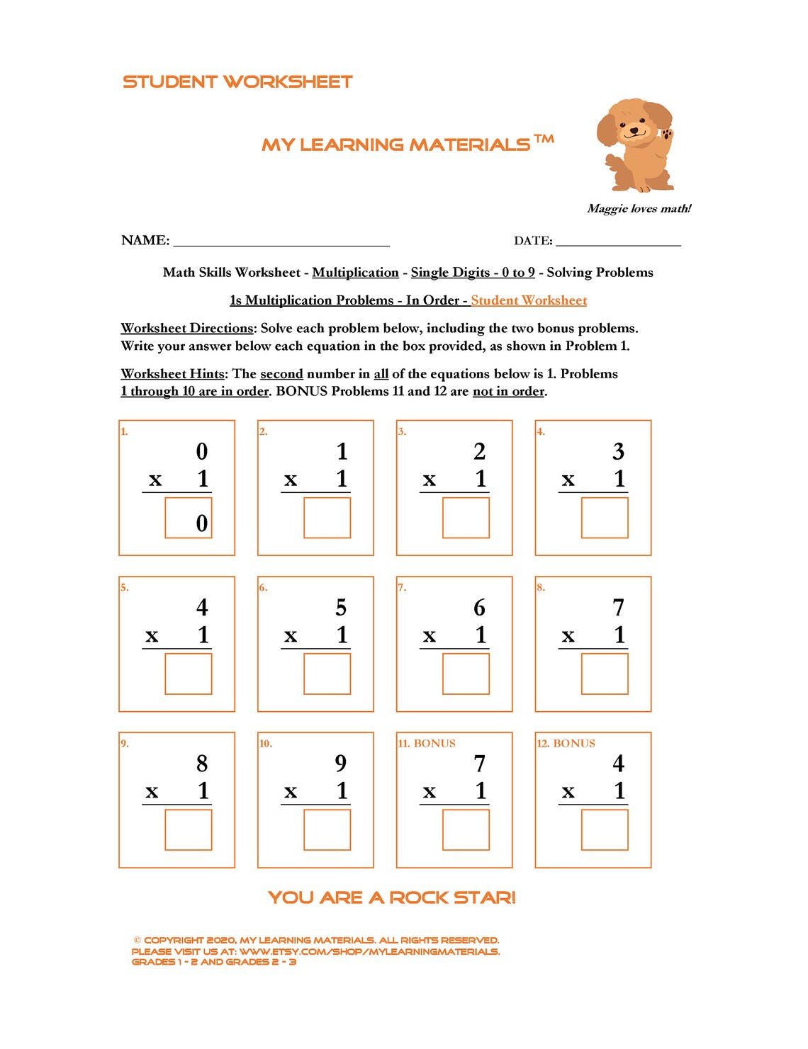 1s Multiplication Problems. Single Digit Multiplication Math Worksheet ...