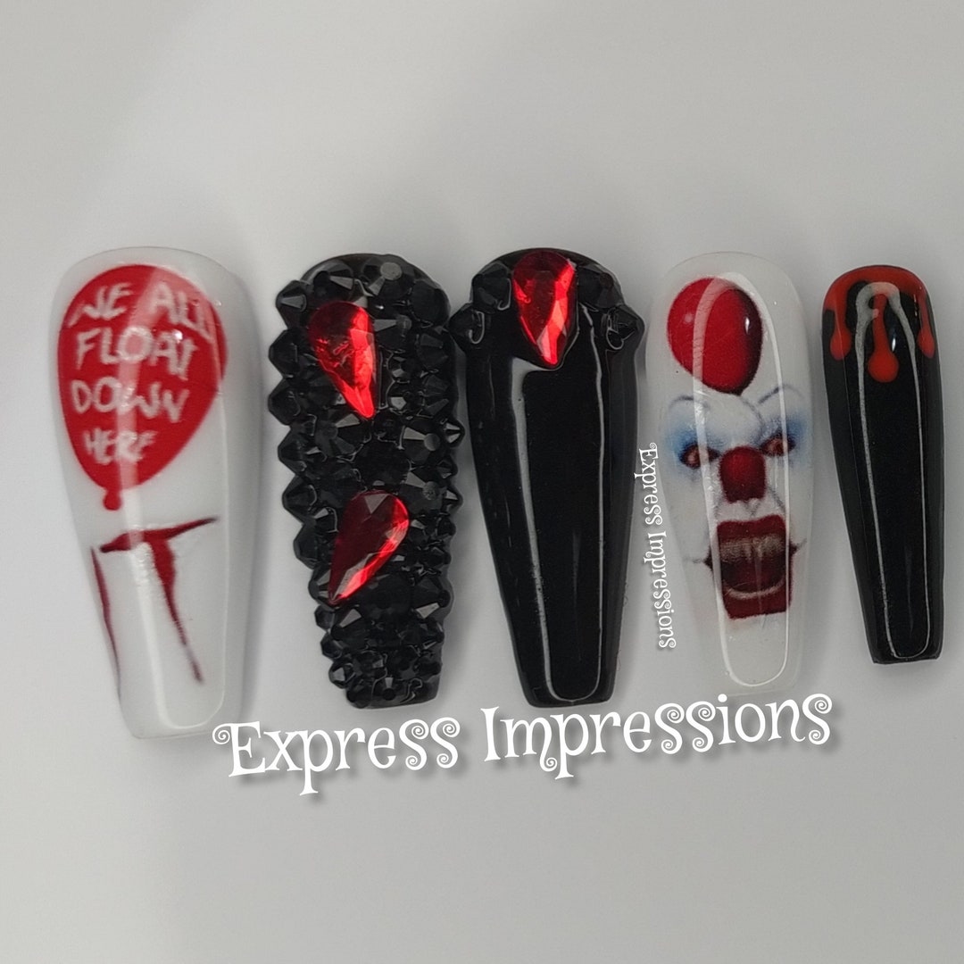 It Press on Nails|clown Nails|it the Clown Nails|halloween Nails|blood ...