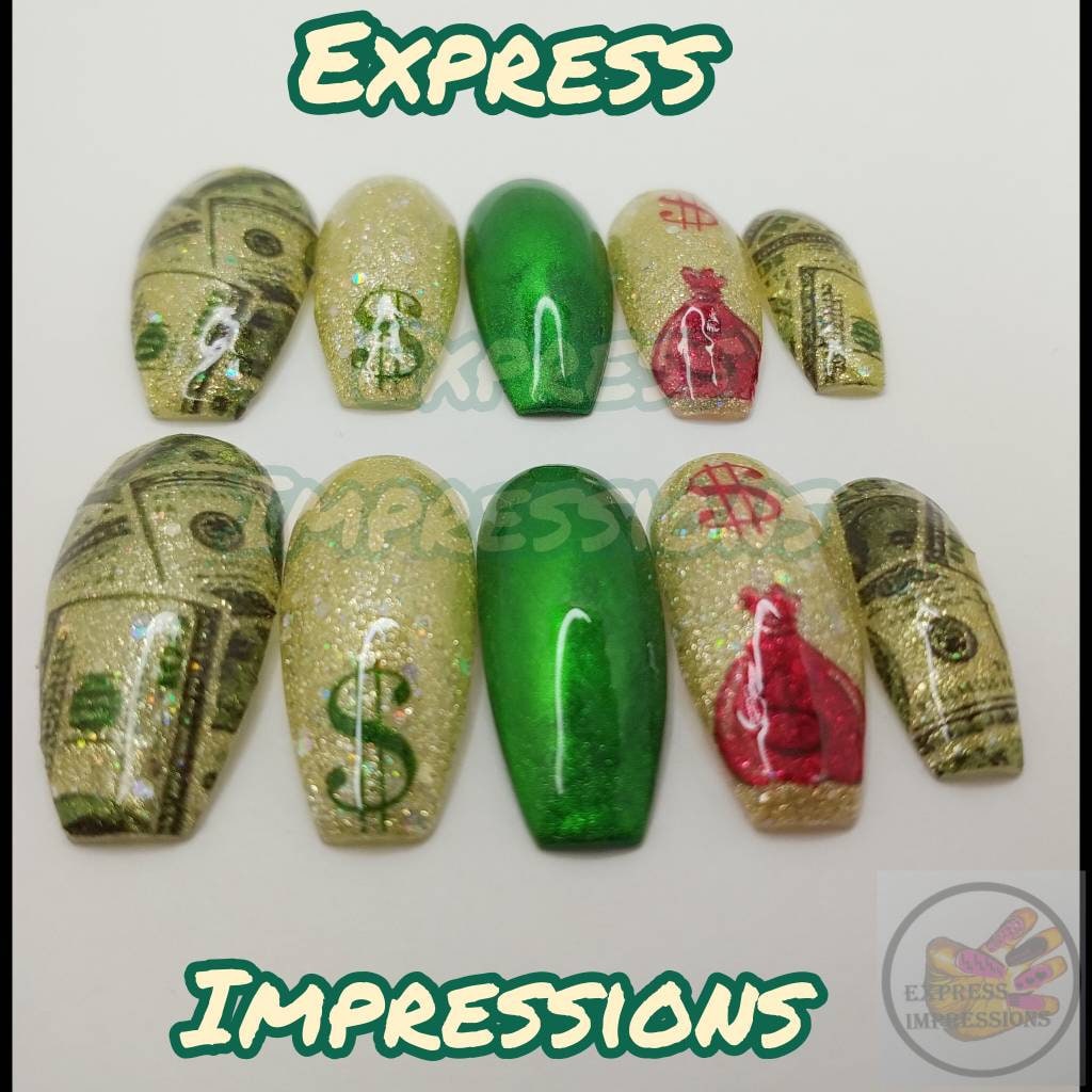Green Money Press on Nails, Money Bag Press on Nails, Glitter Press on ...