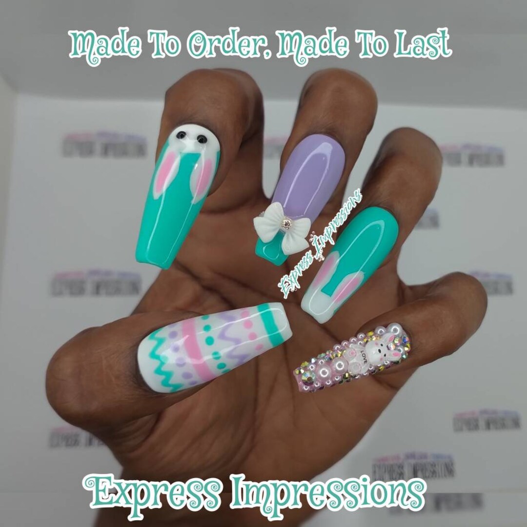 Easter Press on Nails, Spring Press on Nails, Bunny Nails, April Shower ...