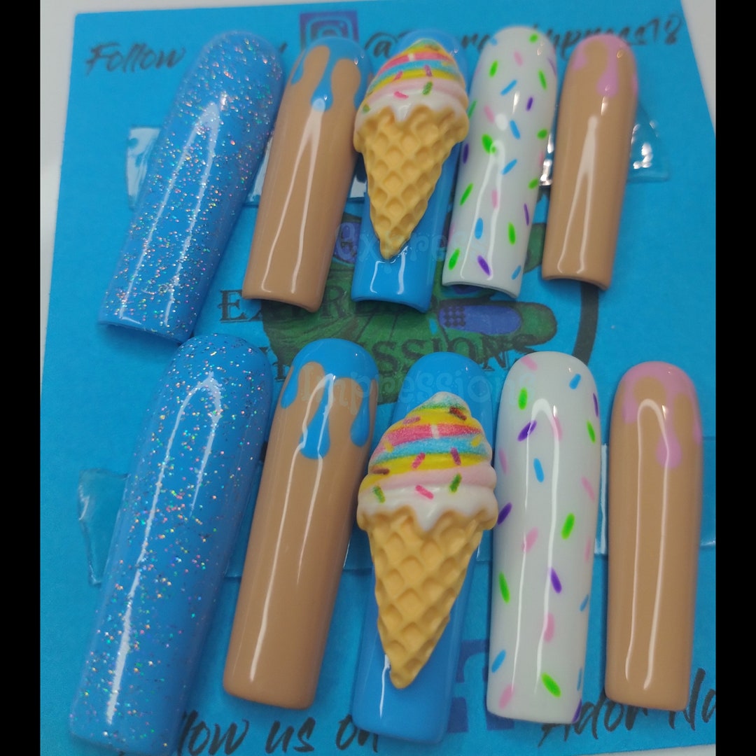 Ice Cream Press on Nails, Ice Cream Cone Nails, Long Nails, Blue Press ...