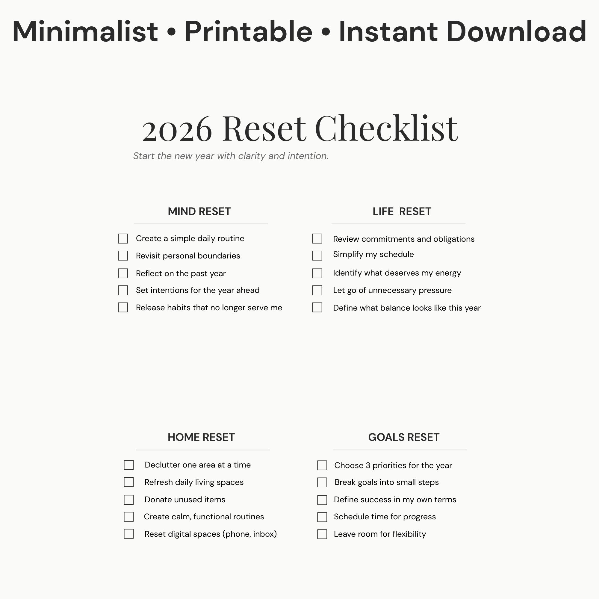 2026 Reset Planner | Intentions & Focus + Reset Checklist | New Year ...