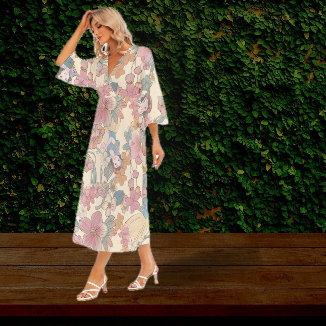Snow White Flowers Cottagecore Women's Mid-sleeve Long Dress Charming ...