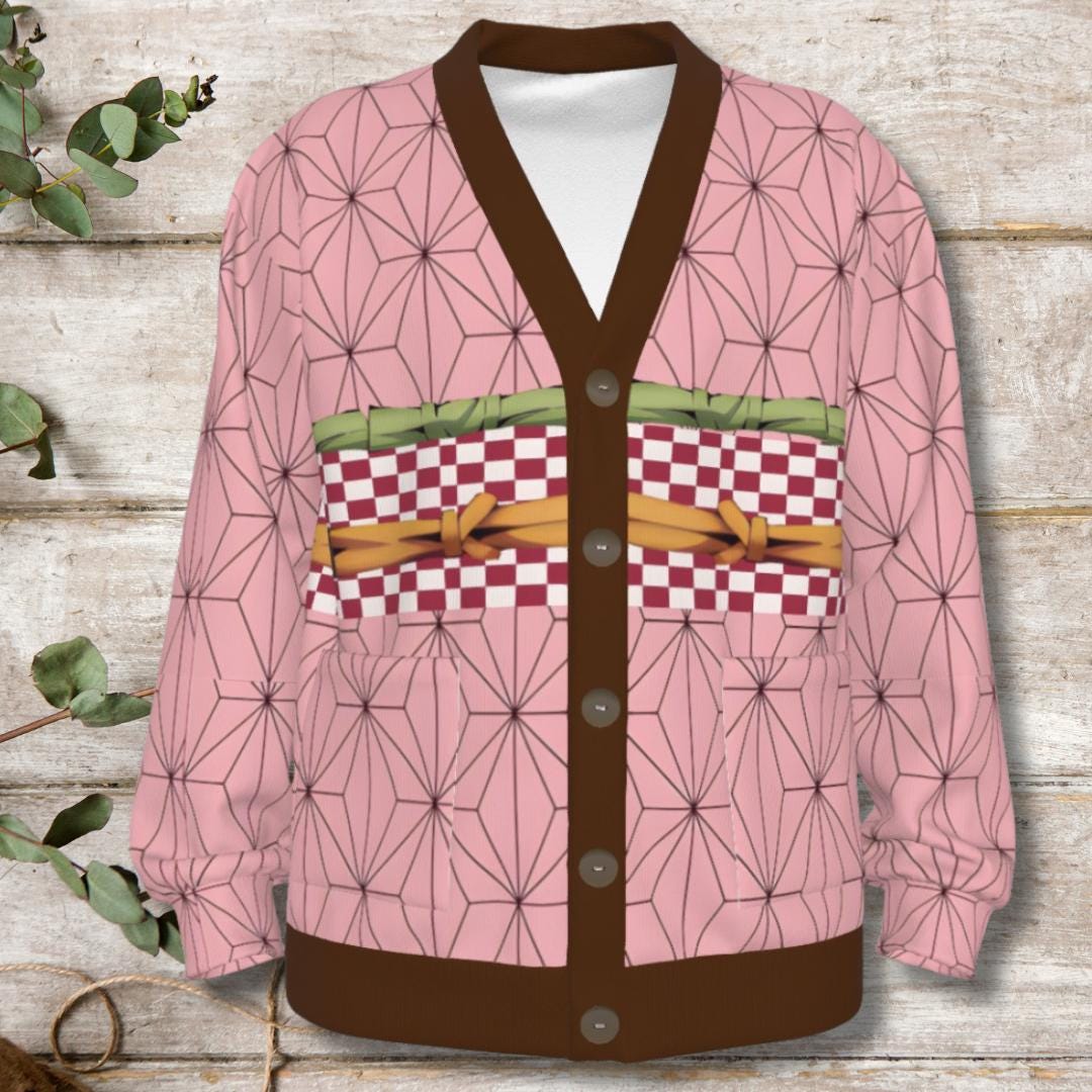 Nezuko Anime Sweater - Knitted Fleece Cardigan With Button Closure ...