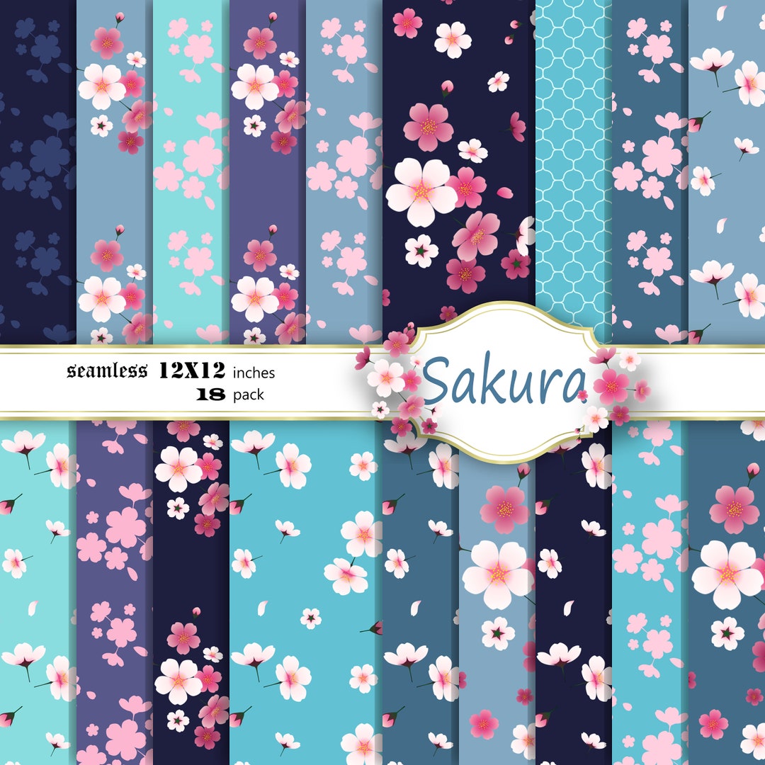 Blue Sakura Digital Seamless Patterns Set, Cherry Blossoms, Blues ...
