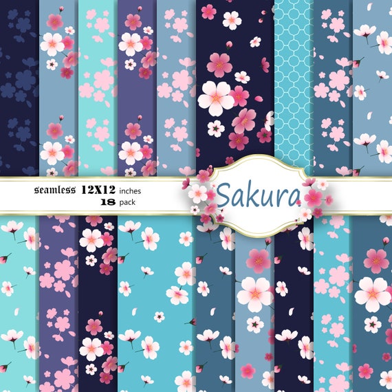 Blue sakura digital seamless patterns set cherry blossoms | Etsy
