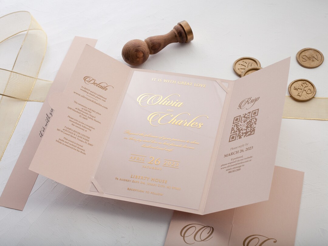 Folded QR Code Wedding Invitation | Blush Pink Acrylic & Foil Invite ...
