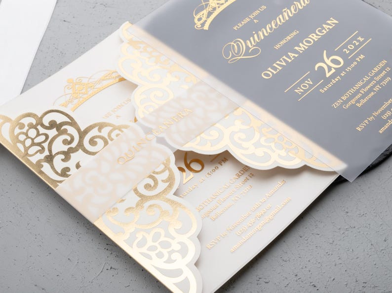 Quinceañera Acrylic Invitation | Gold Foil Crown | Laser Cut Pocket ...