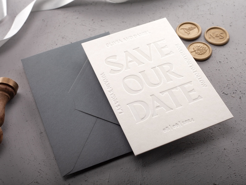 Blind Debossed Minimal Save the Date Card, Letterpress Wedding ...