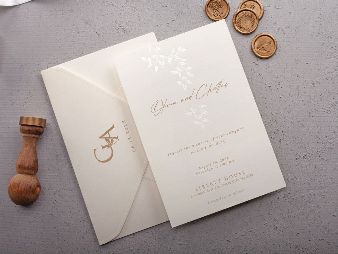 Ivory Wedding Invitation | Debossed Shiny Flowers | Floral Elegant ...