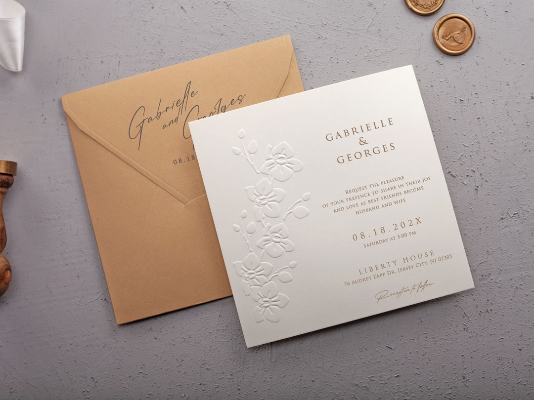 Floral Embossed Wedding Invitation | Minimal Emboss Printed Wedding ...