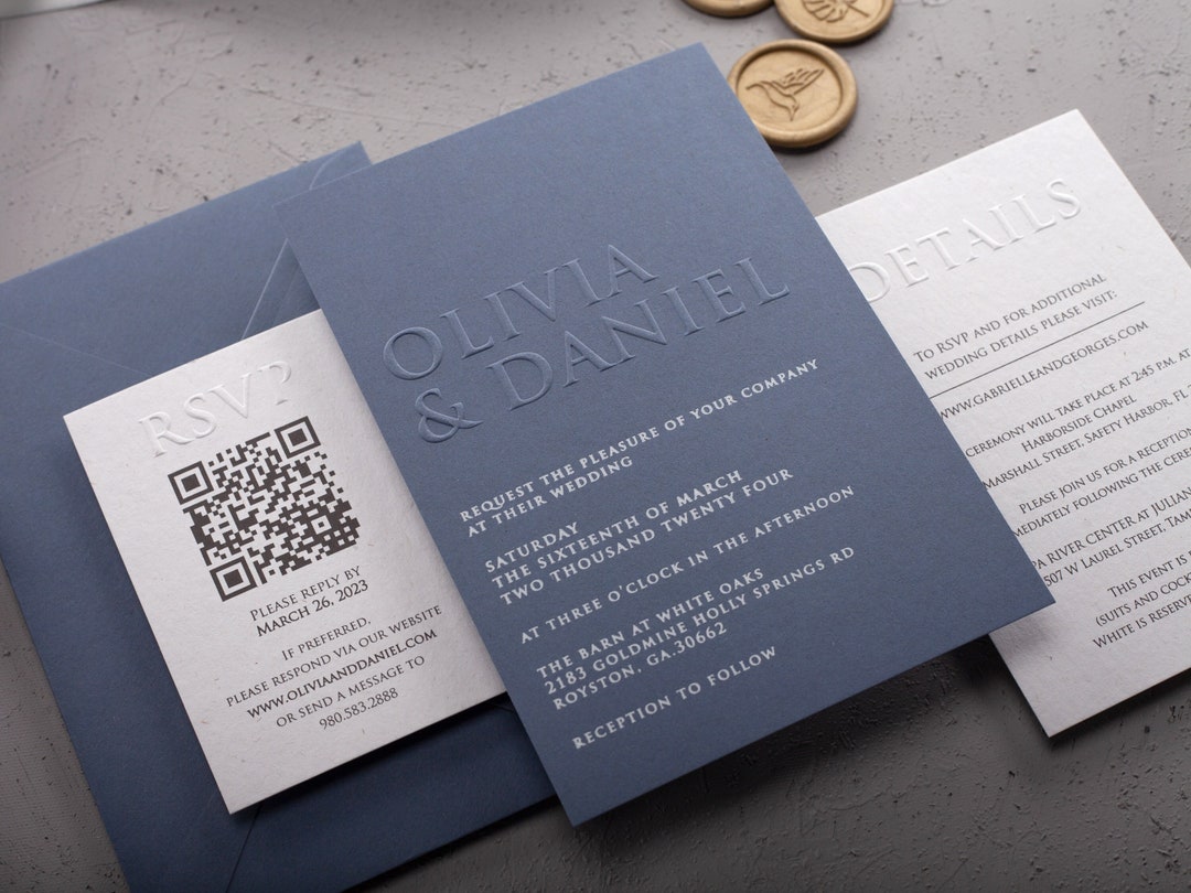 Embossed Dusty Blue Wedding Invitation With Dusty Blue Envelope, Simple ...