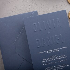 Embossed Dusty Blue Wedding Invitation With Dusty Blue Envelope, Simple ...