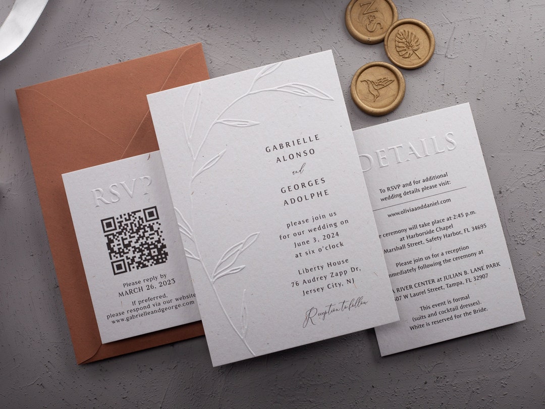 Embossed Wedding Invitation With Leaves and Terracotta Envelope ...