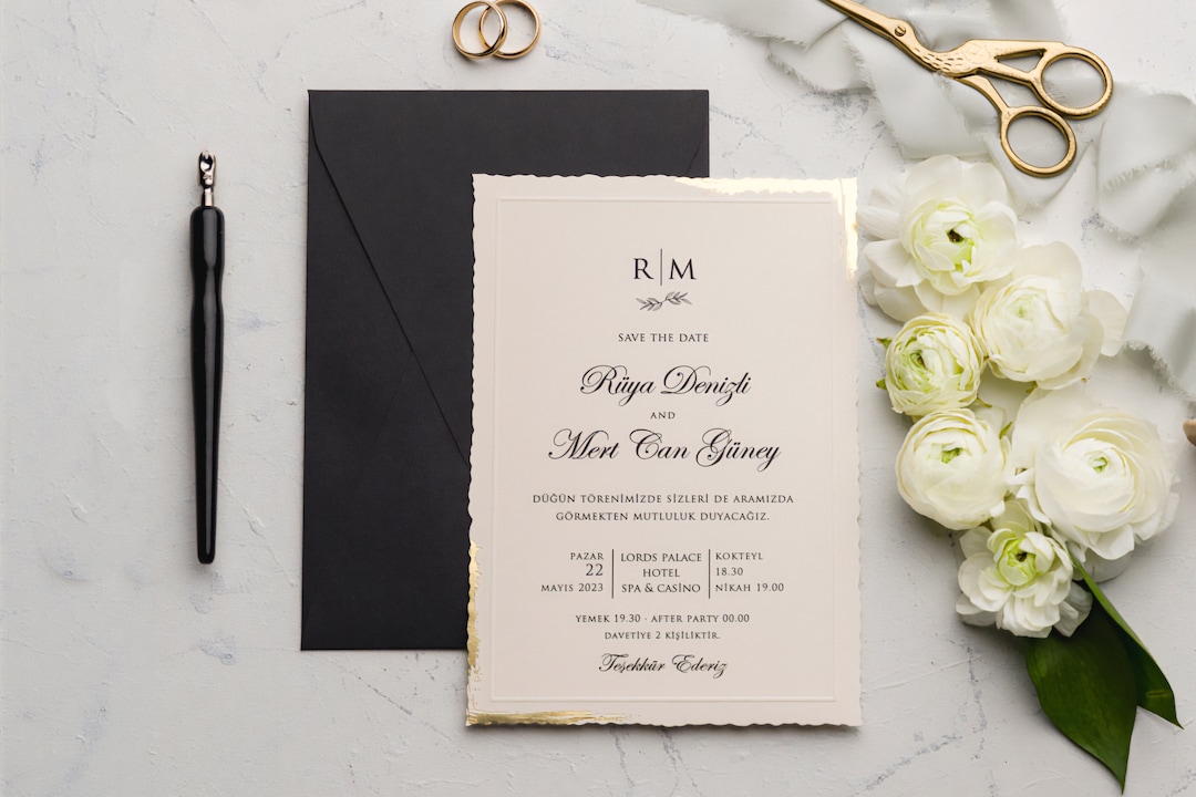 Elegant Wedding Invitation Set Gold Foil Deckle Edge Invite - Etsy