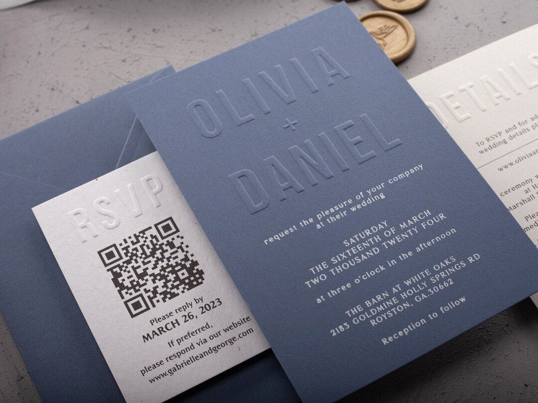 Embossed Dusty Blue Wedding Invitation With Dusty Blue Envelope, Simple ...