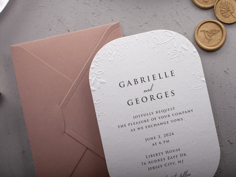 Embossed Floral Invite | Rounded Wedding Suite, Optional QR RSVP Card ...