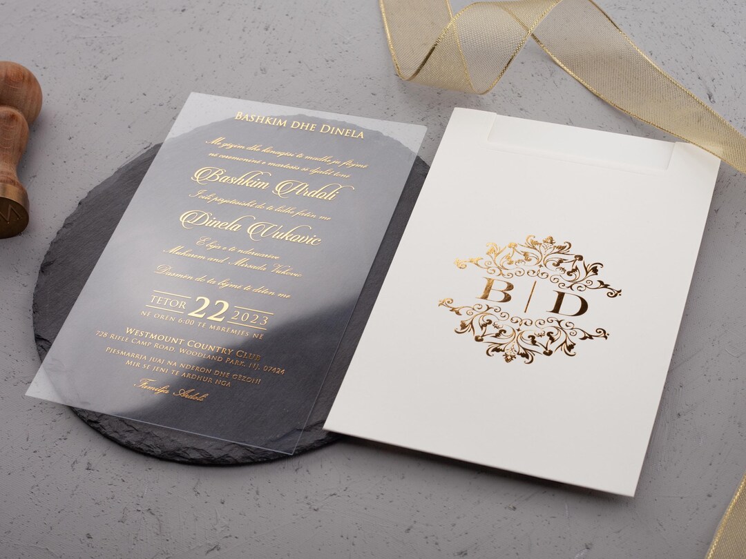 Acrylic Wedding Invitation, Gold Foil Printed, Lucite Invitation, Ivory ...
