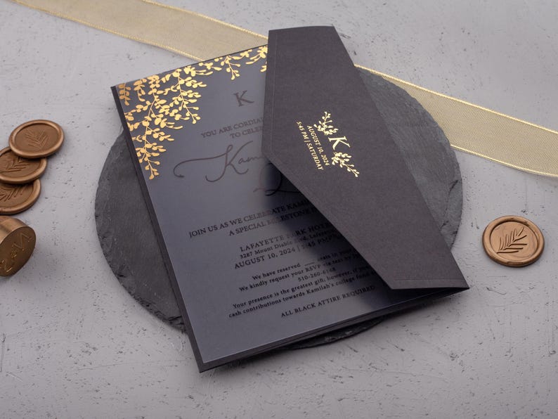 Gold Botanical Acrylic Invitation | Quinceañera Party Invite, Black ...