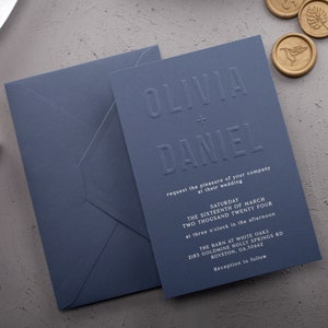 Embossed Dusty Blue Wedding Invitation With Dusty Blue Envelope, Simple ...