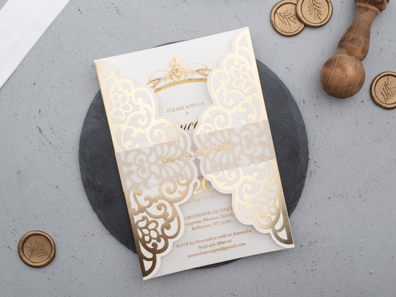Quinceañera Acrylic Invitation | Gold Foil Crown | Laser Cut Pocket ...