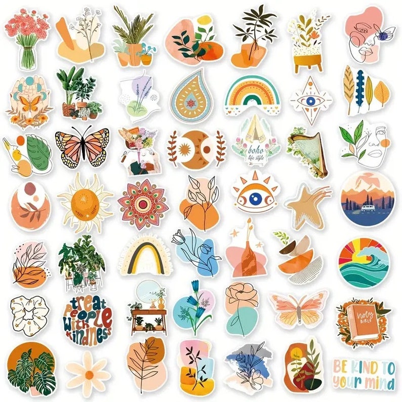 Boho Aesthetic Sticker Pack 1-100PCS Neutral Colors Chic Trendy VINYL ...