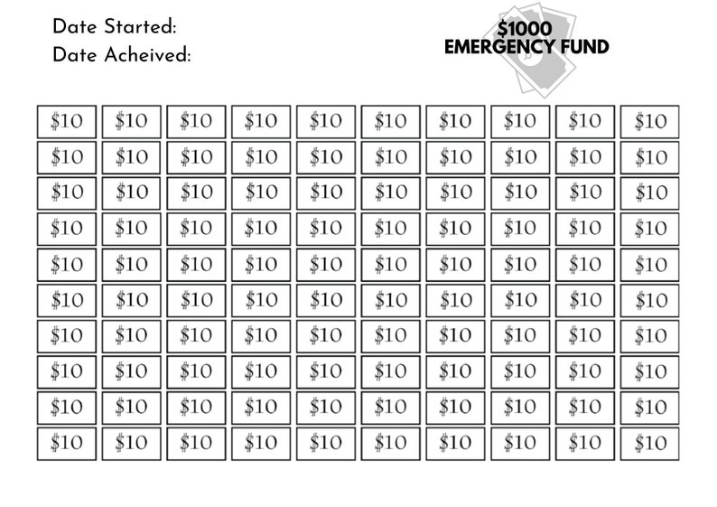 1000 Emergency Fund Tracker - Progress Chart - Coloring Chart - Savings ...