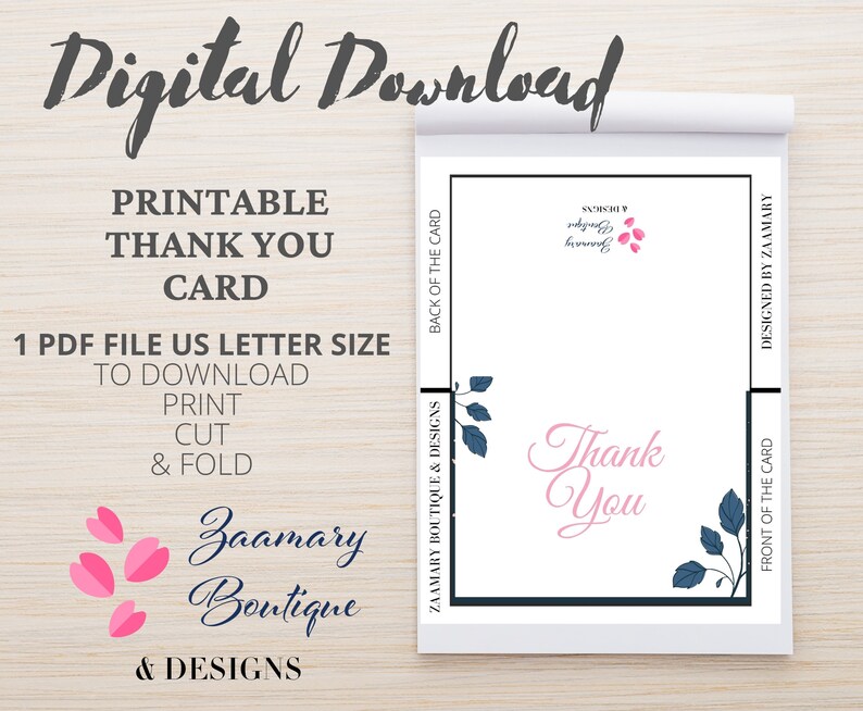 Printable Thank You Card-instant Download 7x5 Inch Card-thank - Etsy