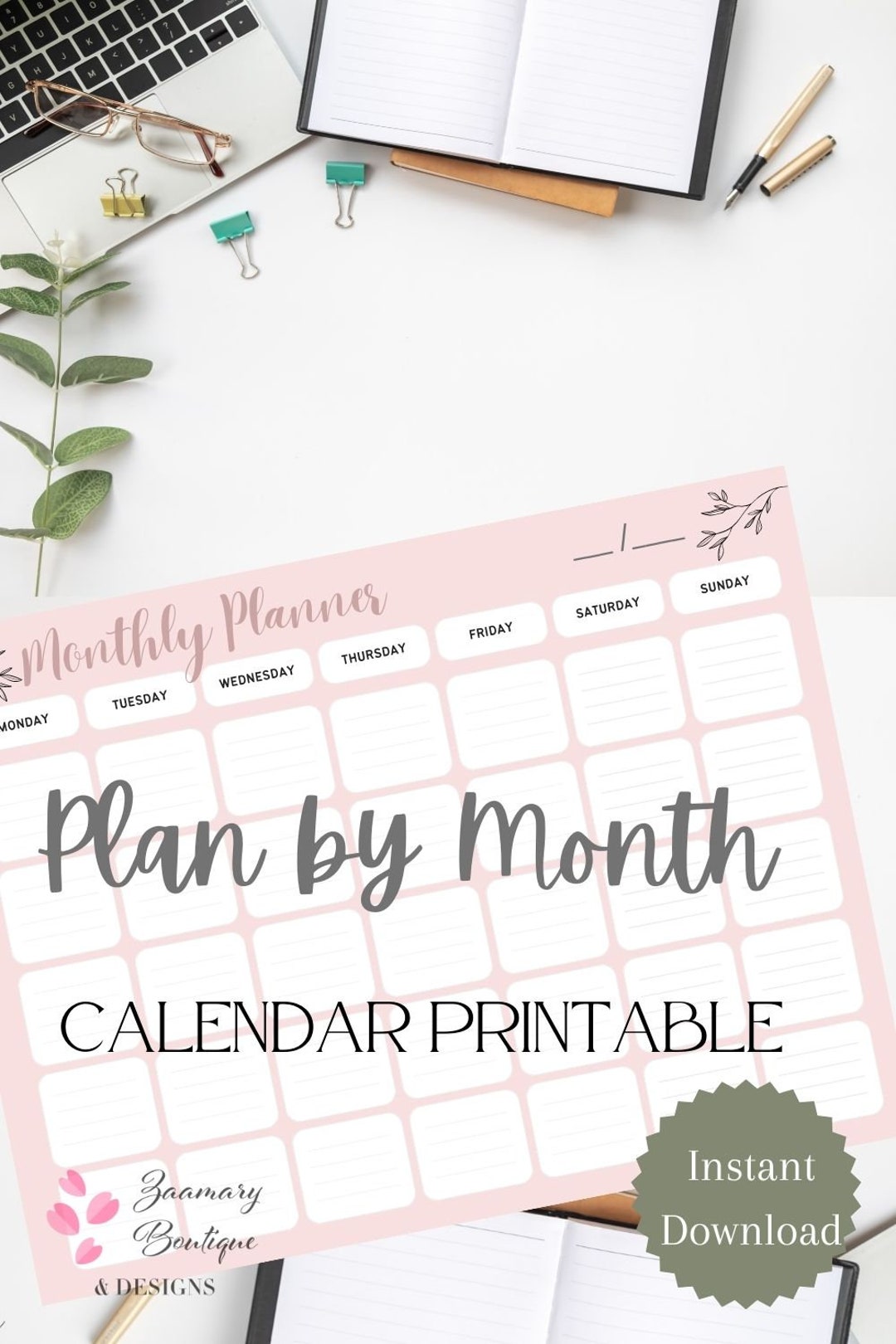 Month Planner Printable Calendar, Monthly Planner Light Pink Pastel ...