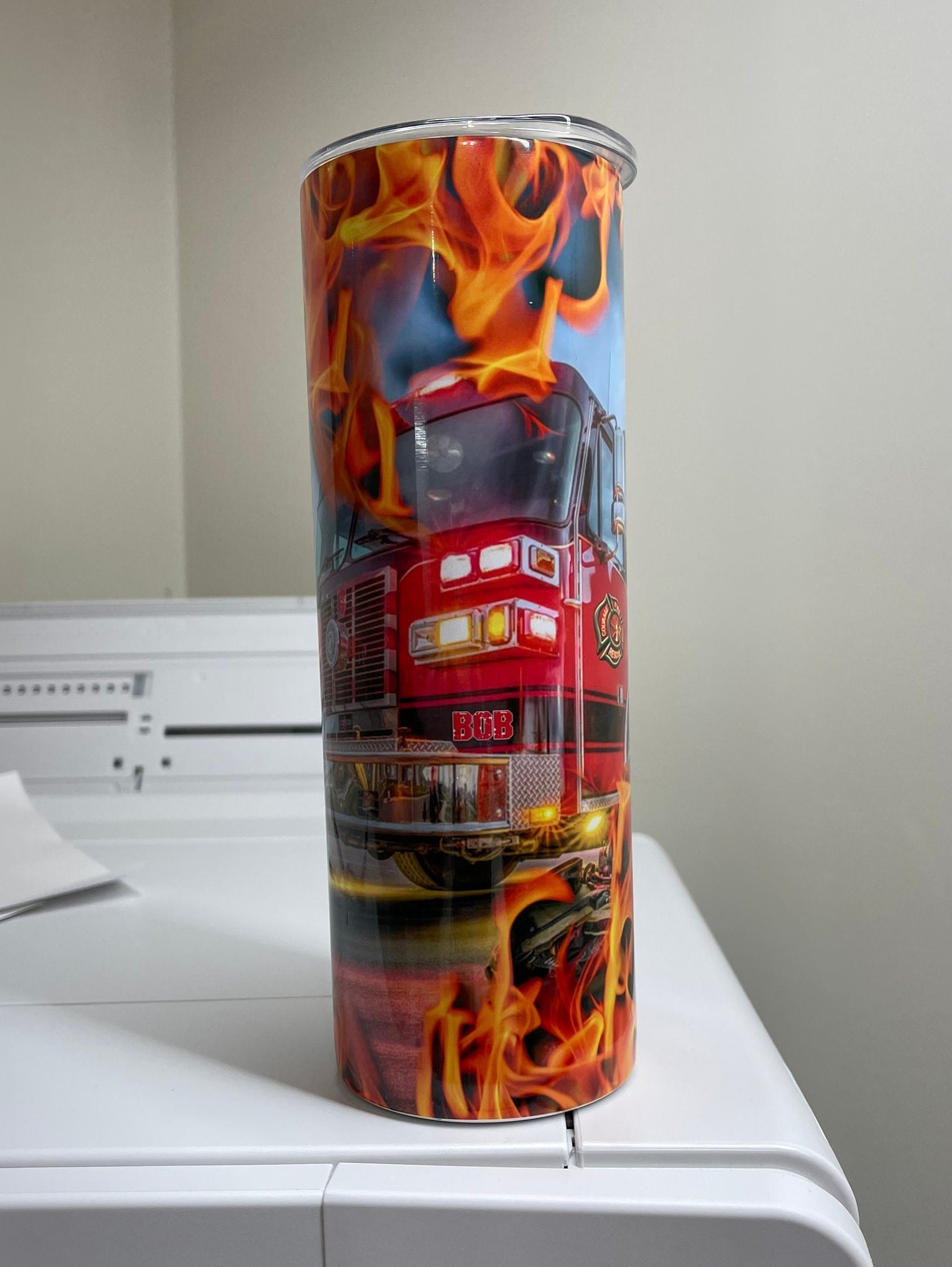 Firetruck 20oz Skinny Tumbler, Firefighter Cup, Fireman Fire Dept ...