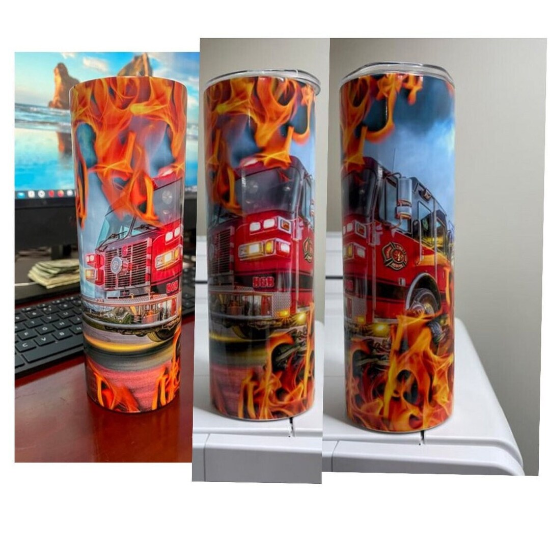 Firetruck 20oz Skinny Tumbler, Firefighter Cup, Fireman Fire Dept ...