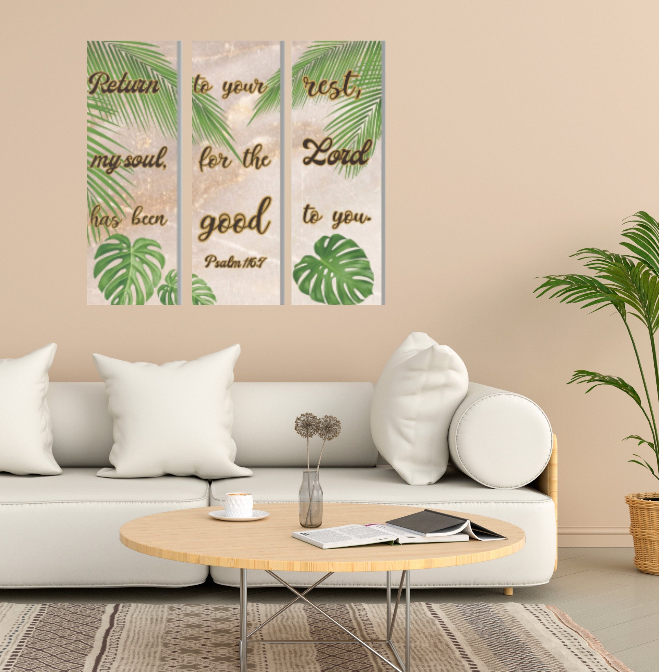 Psalms Wall Art Bible Quote Triptych Wall Art, Monstera, Palm Leaves ...