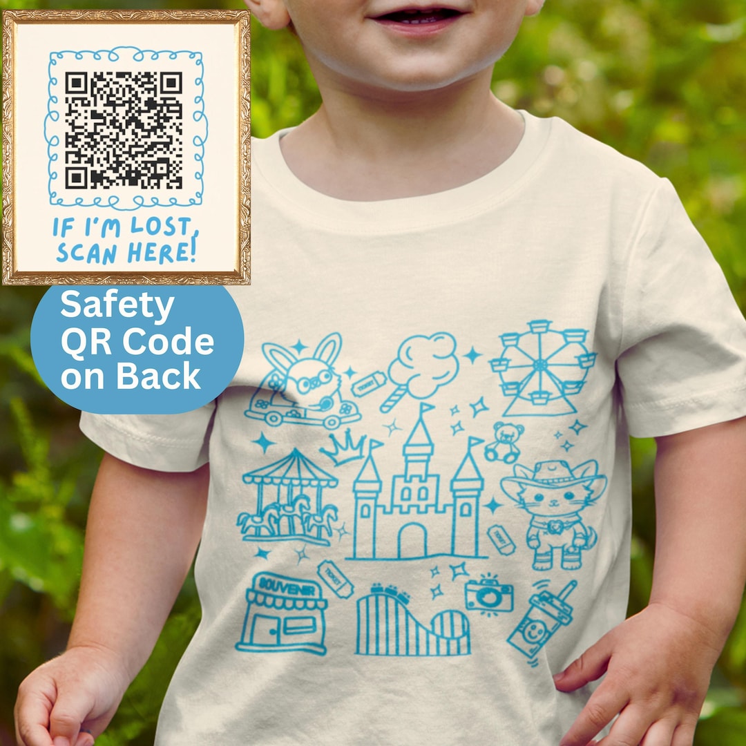 Kids Theme Park Doodle Line Art QR Code Safety Tee, Making Memories ...