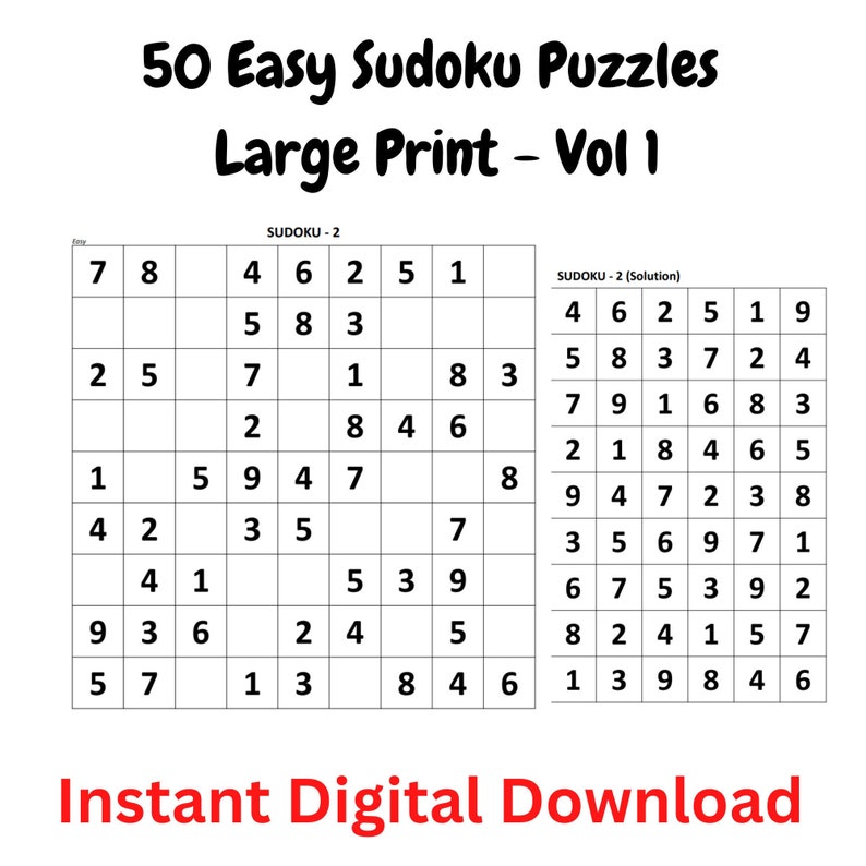 50 Easy Sudoku Puzzles With Solutions Vol 1, Large Print Digital ...