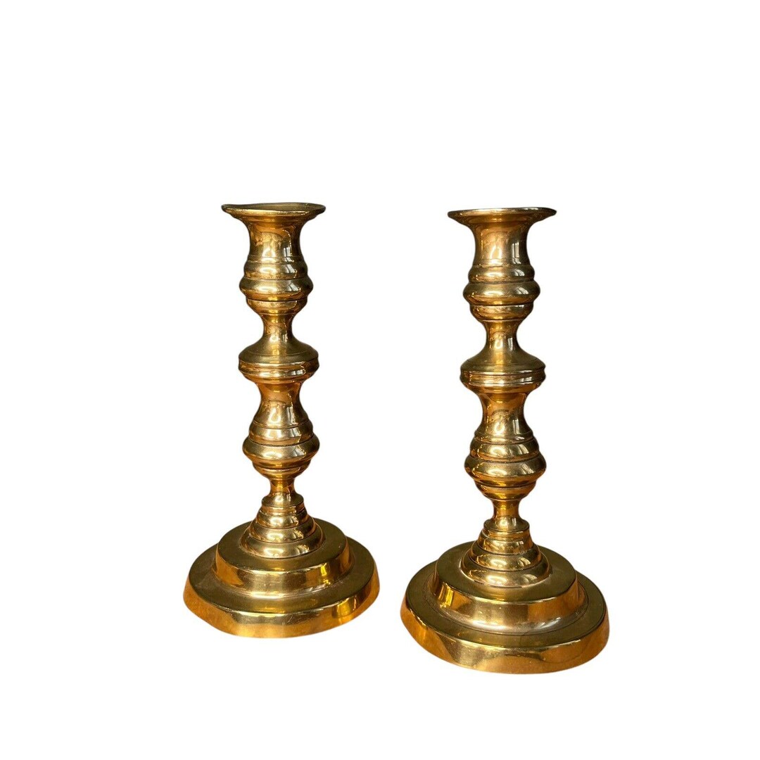 Vintage Victorian Brass Candlesticks Pair Golden 22cm Tall Round Base ...