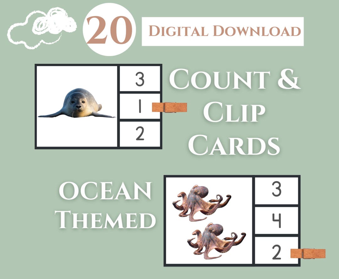 Ocean Count and Clip Card Sea Animals Activity Montessori Printable ...