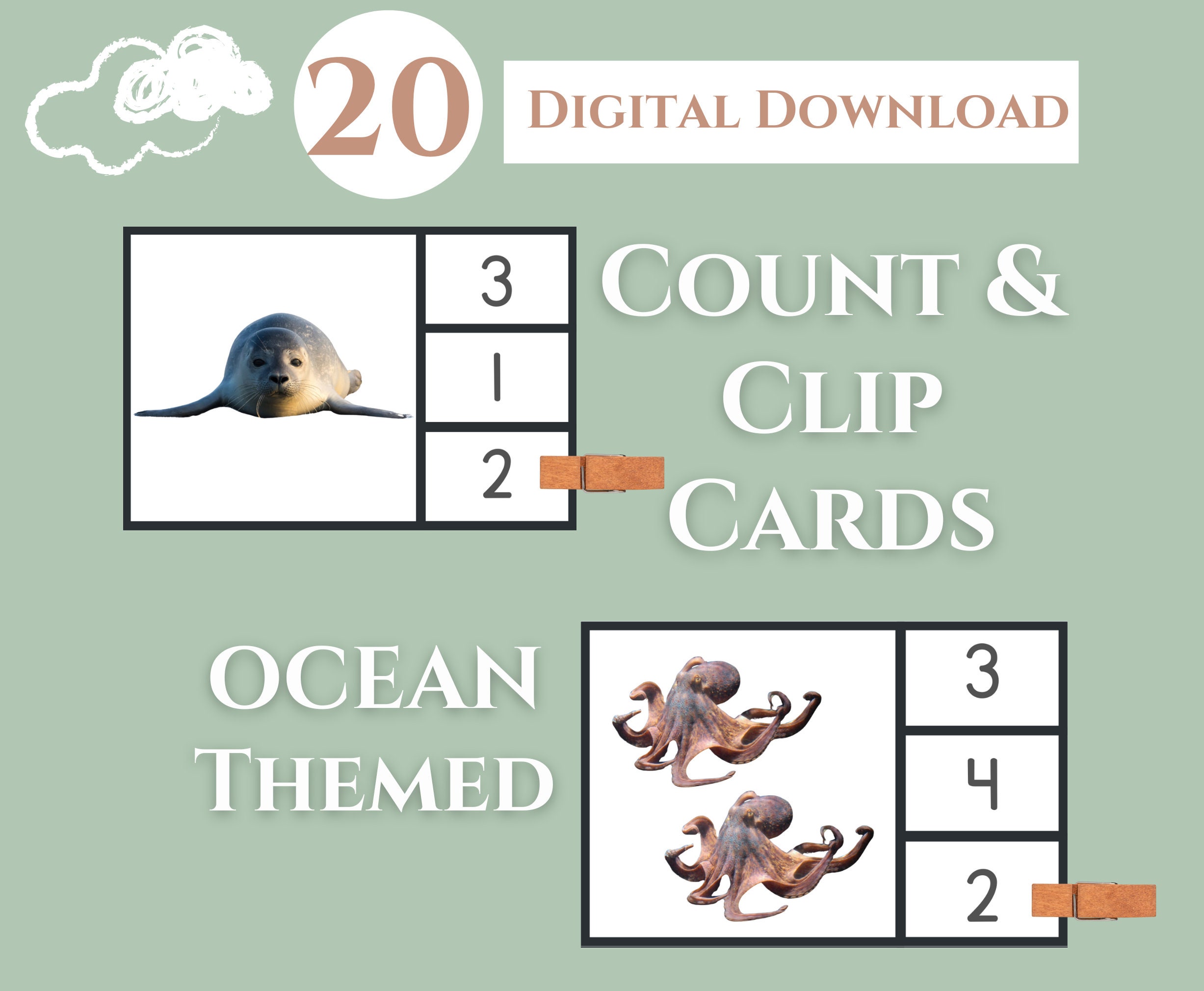 Ocean Count and Clip Card Sea Animals Activity Montessori Printable ...