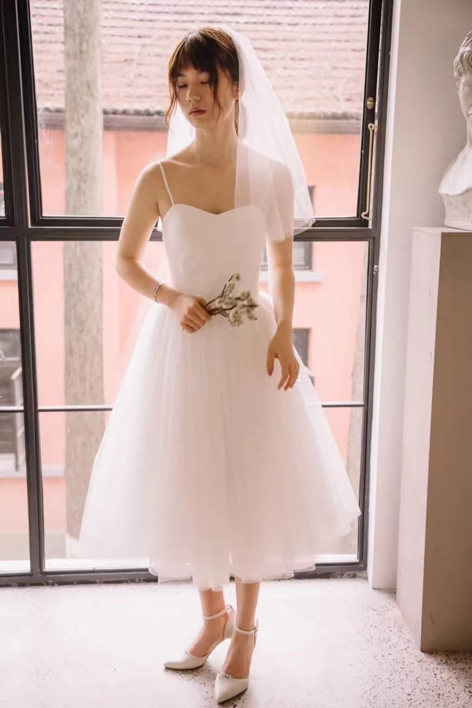 Short Wedding Dress, Tea Length Tulle Wedding Gown, Simple Engagement ...