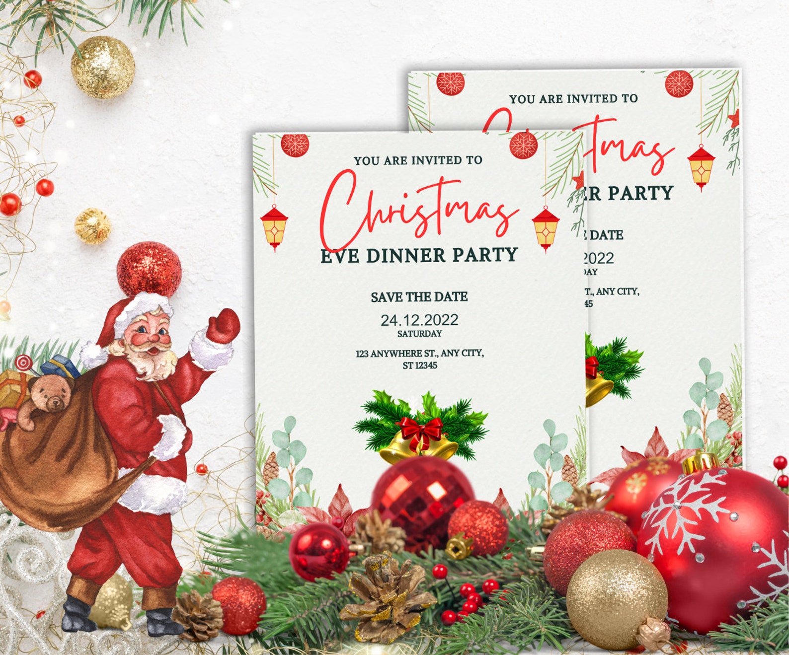 Green and Red Modern Christmas Eve Dinner Party Invitation, Christmas ...