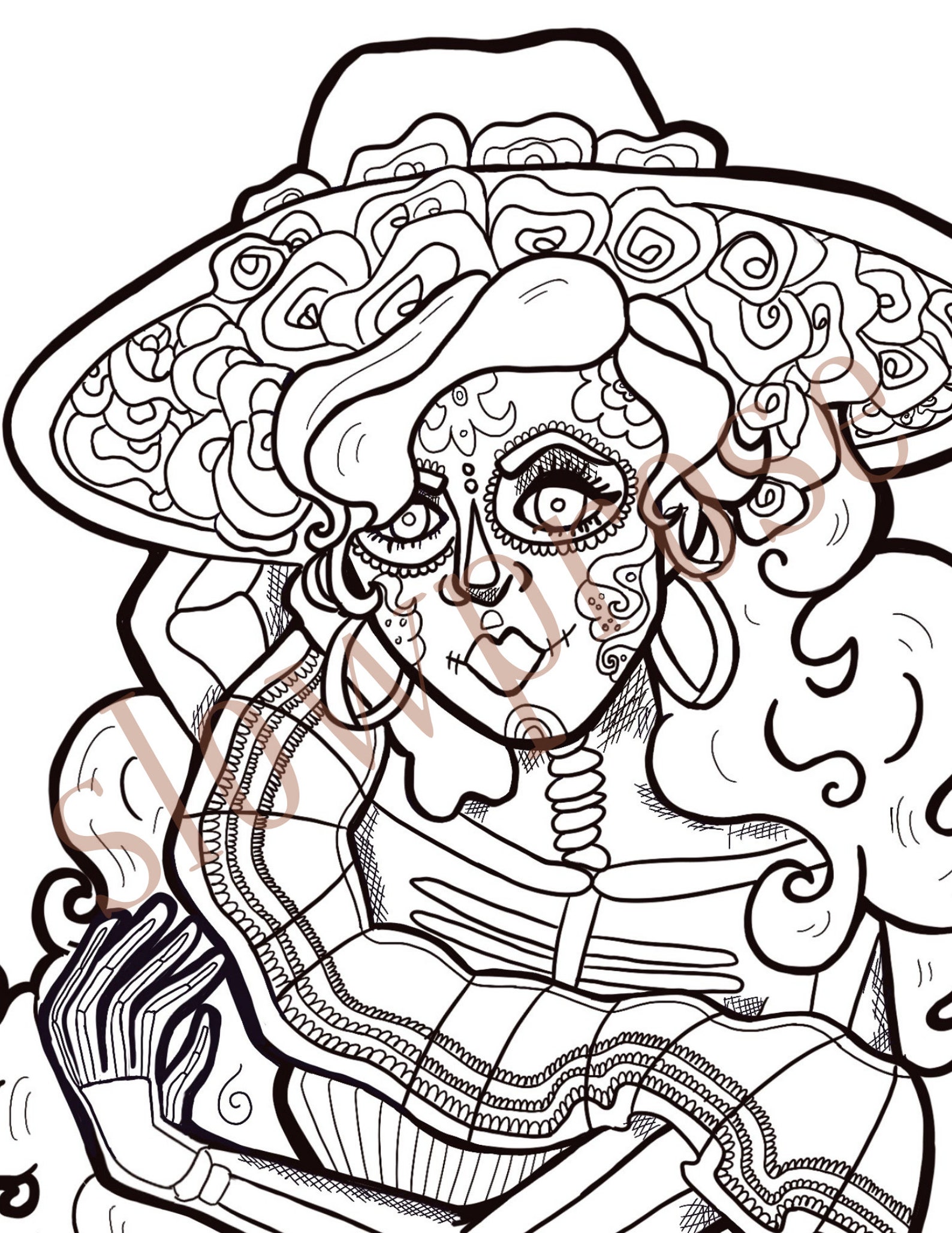 Printable Day of the Dead Woman Coloring Page for Adults | Dia De Los ...